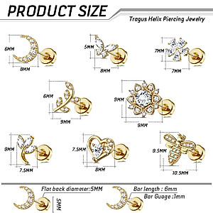 DOLOTTA 8PCS 18G Stainless Steel Cartilage Earrings for Women Men Flat Back Earrings for Women Internally Threaded CZ Earrings with Moon HeartShaped Bee Butterfly Tragus Helix Piercing Jewelry,