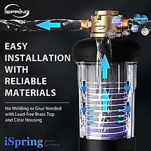 iSpring WSP50J Reusable Whole House Spin-Down Sediment Water Filter, Upgraded Jumbo Size, Large Capacity, 50-Micron Flushable Prefilter Filtration, 1" MNPT + 3/4" FNPT, Lead-Free Brass
