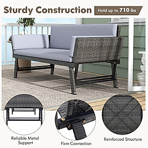 Tangkula Outdoor Convertible Sofa Daybed with Adjustable Armrests, PE Rattan Patio Couch Furniture with Thick Cushions, for Porch, Balcony, Backyard, Poolside (Gray)