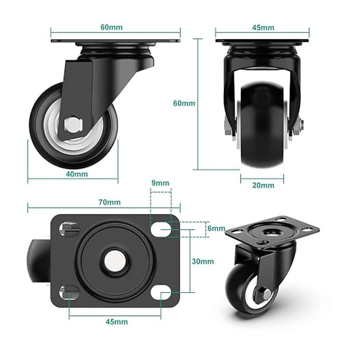 Casters Swivel casters Heavy Duty 1.5Inch Dia Black Polyurethane Swivel Castor Wheels Trolley Furniture Caster Pack of 4 casters Wheels Workbench