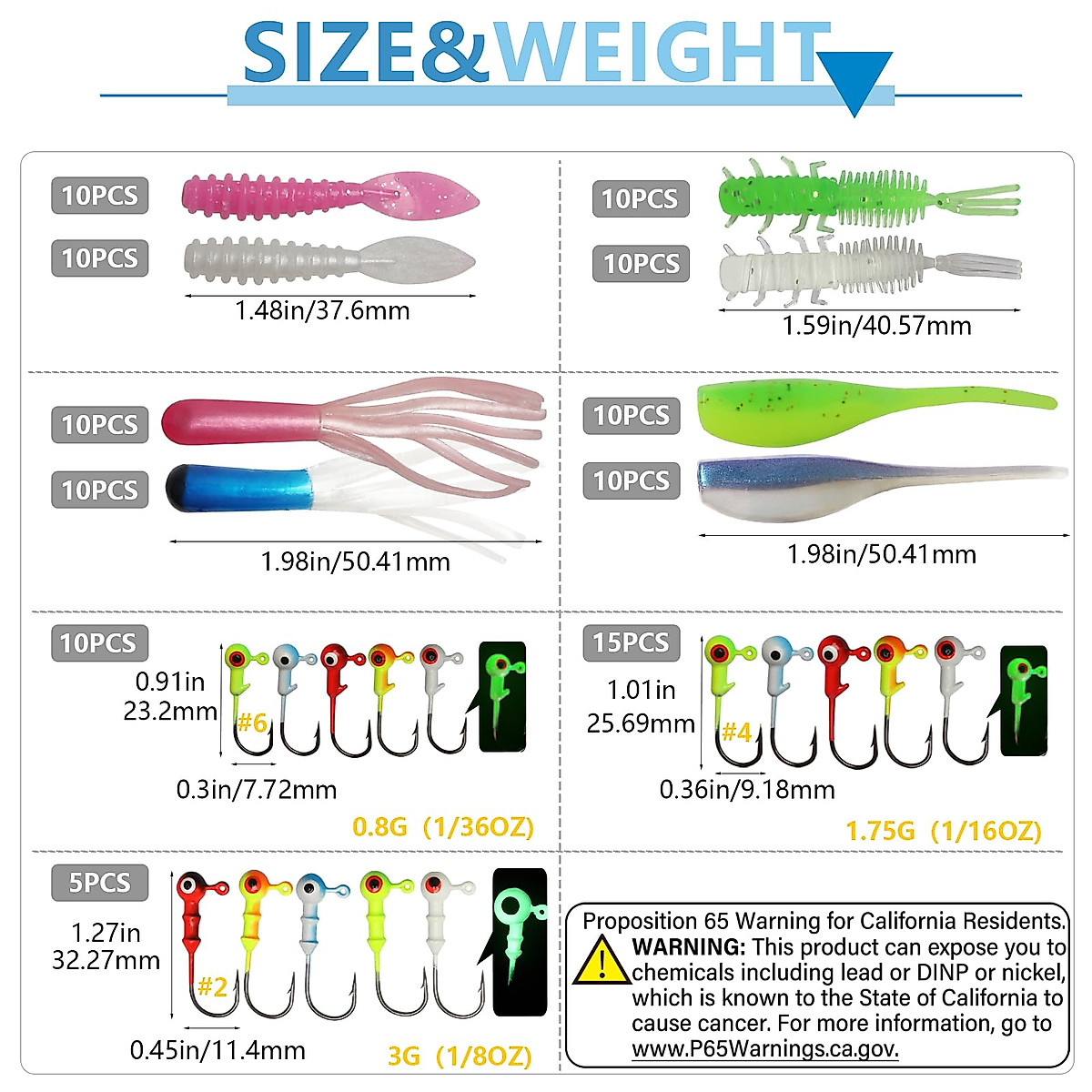 Dovesun 110pcs Crappie Lures with Jig Heads Hooks Kit- Soft Plastic Grubs-Tubes Bait 80Pcs 1/8 1/16 1/32 oz 30Pcs Crappie Jigs Fishing Lures Kit for Saltwater Freshwater Fishing