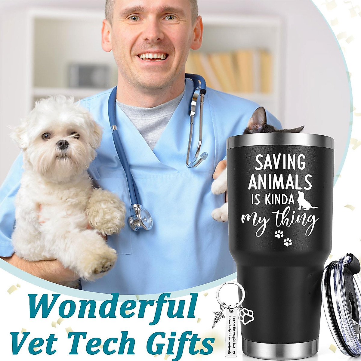 Lifecapido Vet Tech Gifts, Veterinarian Gifts, Saving Animals Is Kinda My Thing 30oz Tumbler with Veterinarian Keychain, Vet Tech Week Gifts Christmas Gifts for Veterinarian Technologists, Black