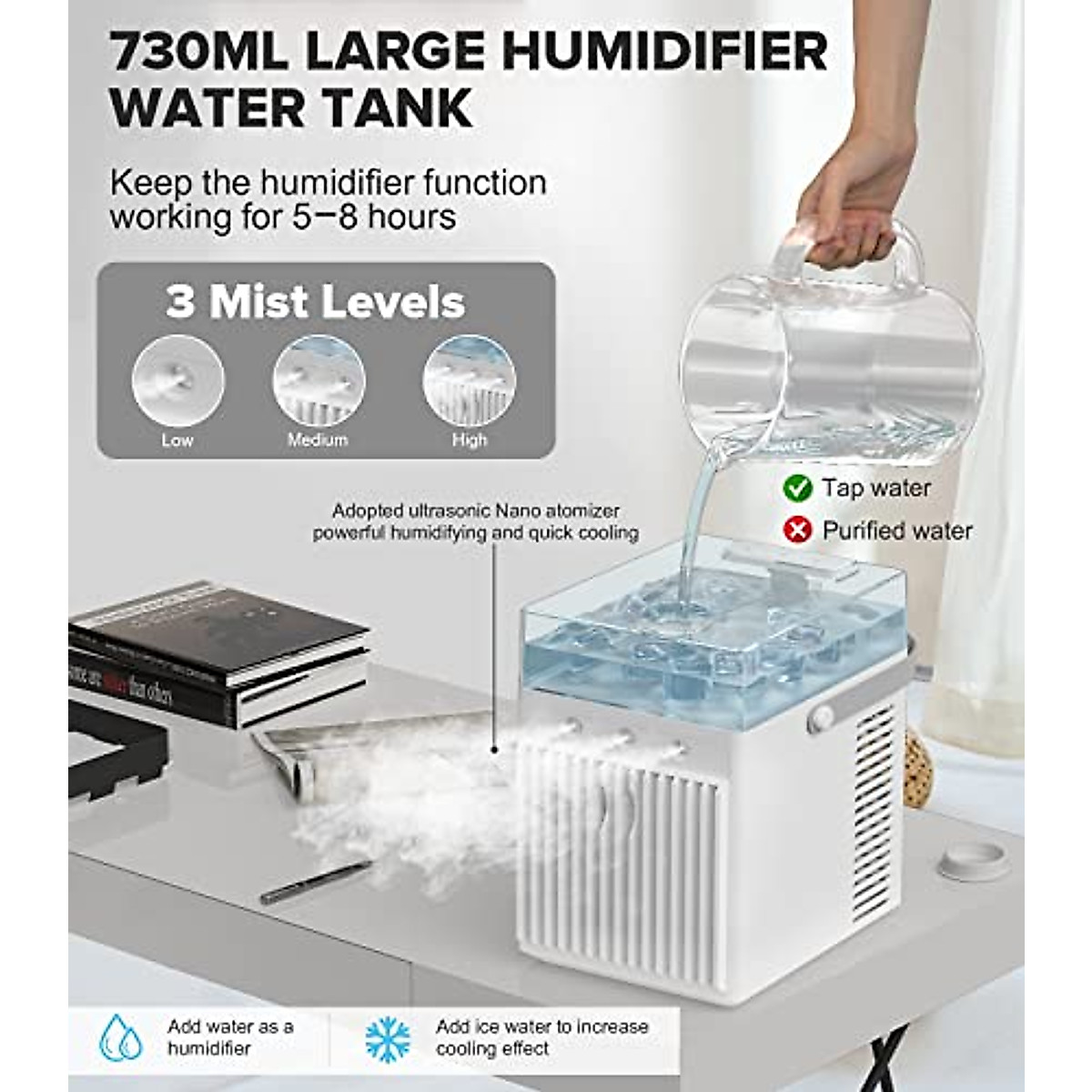 Portable Air Conditioner Fan, USB Rechargeable Portable AC, 3 Speeds Adjustable Personal Small Cooling Fan, 4IN1 Desk Mini Fan with Humidifier &LED Light for Room Travel, Gifts for Fathers, Men, Women