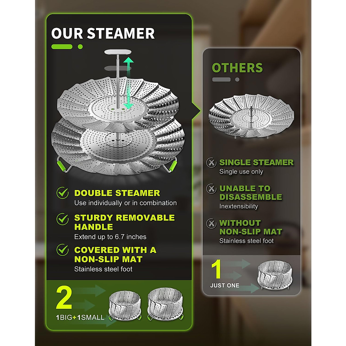 LANVIYA Vegetable Steamer Basket,2 Layer Large Capacity Food Steamer for Cooking,Stainless Steel Folding Expandable Steamers to Fit Various Size Pot,Multi-function Kitchen Basket for Baby Food