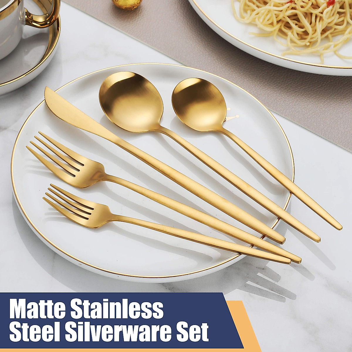 Joincook Matte Gold Silverware Set,30 Piece Stainless Steel Modern Flatware Set,Brushed Cutlery Set Service for 6,Satin Finish Utensils Set,Home Kitchen and Restaurant,Dishwasher Safe
