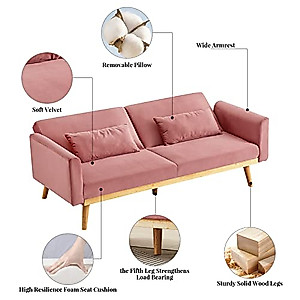 AWQM Velvet Futon Sofa Bed, Memory Foam Couch Set, Upholstered Modern Daybed Convertible Folding Loveseat Recliner with Pillows and Wooden Frame for Compact Living Room, Apartment, Dorm, Office (Pink)