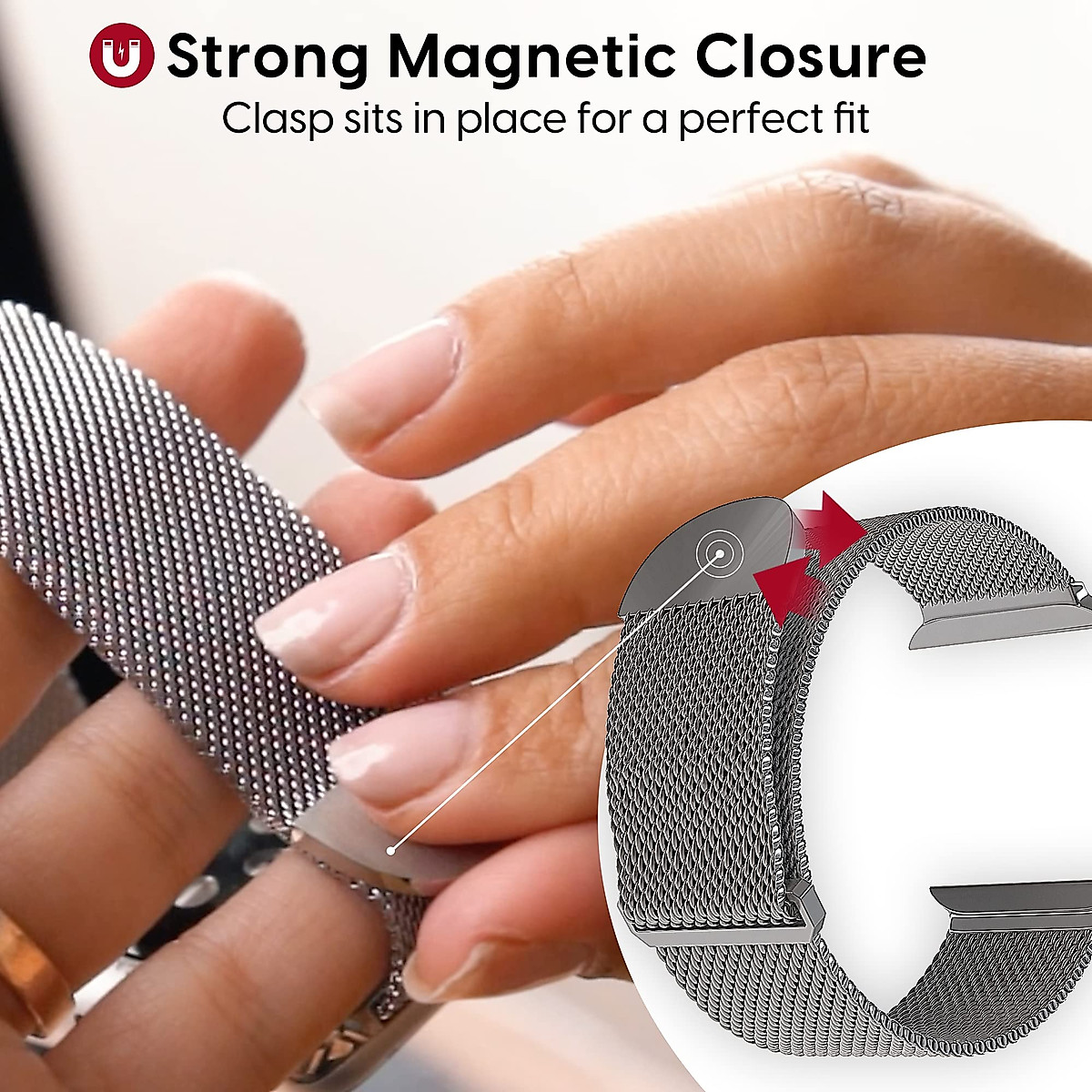 TALK WORKS Expandable Watch Band Compatible with Apple Watch Series - 42mm / 44mm / 45mm - Magnetic Closure - Stainless Steel Mesh Loop Comfort Fit Strap for Women and Men - Silver