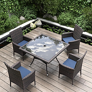 Kurapika 5-Piece Patio Furniture Outdoor Dining Set, Wicker Rattan Patio Dining Table and Chairs Set, Square Tempered Glass Tabletop with Umbrella Hole and 4 Chair Set, Navy Blue
