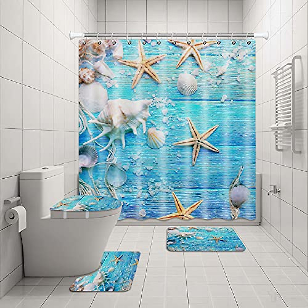 4 Pcs Nautical Bathroom Sets with Shower Curtain and Rugs and Accessories, Ocean Beach Shower Curtain with 12 Hooks, Durable Waterproof Fabric Shower Curtain 72x72inch