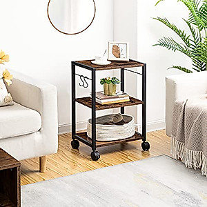 ALLOSWELL Mobile Printer Stand, 3-Tier Printer Cart Under Desk with Storage, Industrial Rolling Cart with 2 Hooks, Sturdy Little Cart on Wheels for Home Office, Rustic Brown and Black PTHR4001