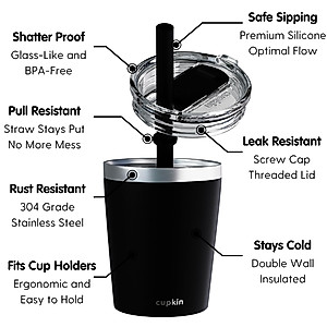 CUPKIN Stackable Stainless Steel Kids Cup Smoothie Tumbler, Powder Coated Insulated Tumblers, BPA Free Lid and Silicone Straw 8 Fl Oz (Pack of 1), Black