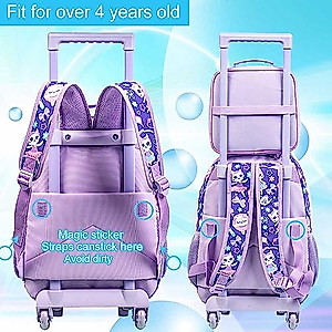 KLFVB Kids Rolling Backpack for Girls, Roller Wheels School Bag with Lunch Bag, Wheeled Sequins School Bookbag for Children - Cat