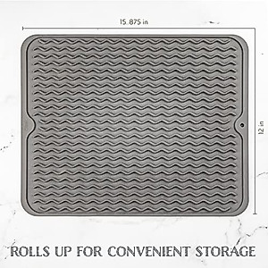 Silicone Dish Drying Mat - Drain Hole, Non-Slip, Heat Resistant, Foldable. Great for Dishes, Kitchen Sink, Counter Top, Fridge Drawer Liner or Trivet for Hot Pots. (12" X 16" | Grey)