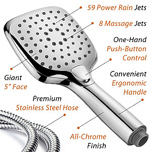HotelSpa 10.5-in Rain Shower Head/Handheld Combo. Convenient Push-Button Flow Control Button for easy one-handed operation. Switch flow settings with the same hand! Low-Reach Bracket included