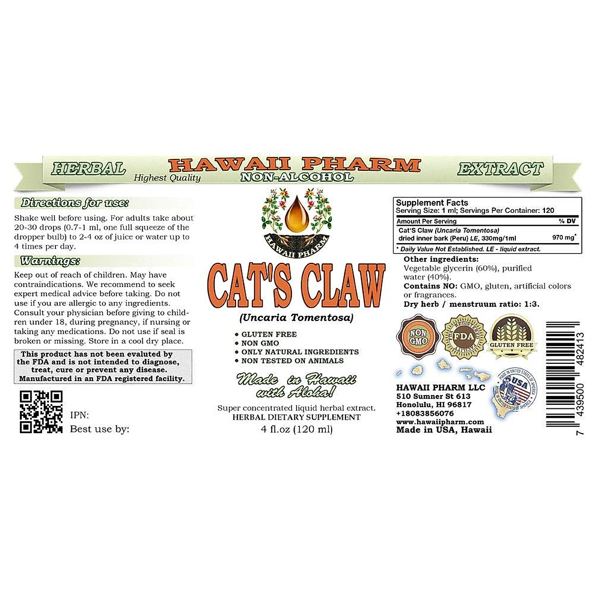 Cat's Claw Alcohol-Free Liquid Extract, Cat's Claw (Uncaria Tomentosa) Dried Inner Bark Glycerite Hawaii Pharm Natural Herbal Supplement 4 oz