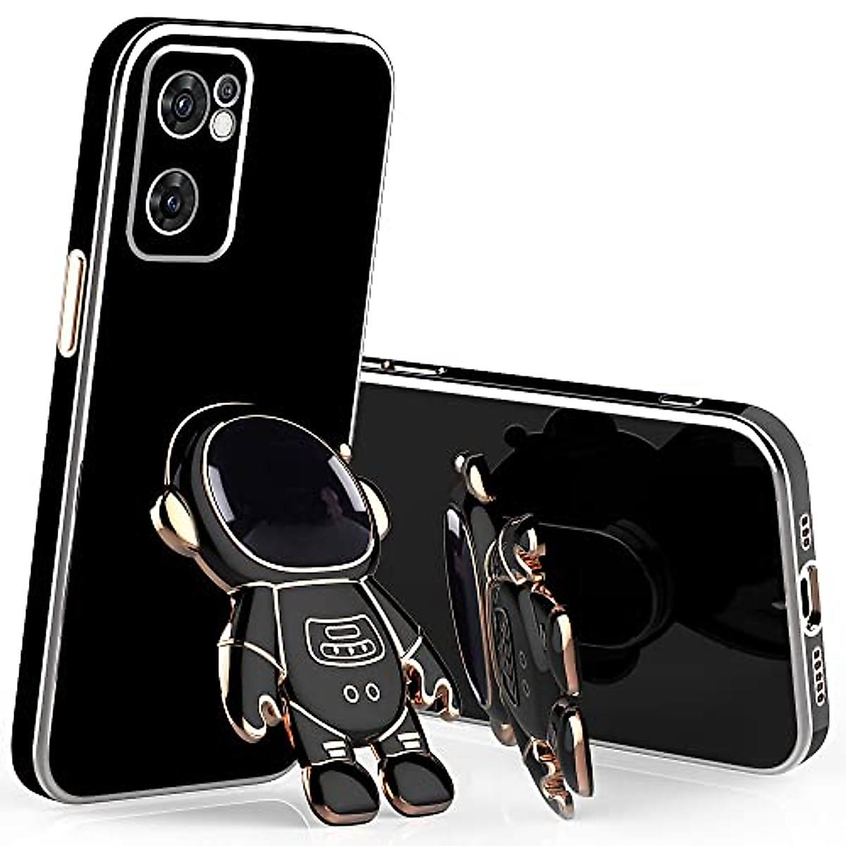 Jancyu for Oppo Find X5 Lite Case Silicone with Astronaut Kickstand, Shockproof Phone Case for Oppo Reno 7 5G with Cute Loopy Cover for Women with Design (Black)
