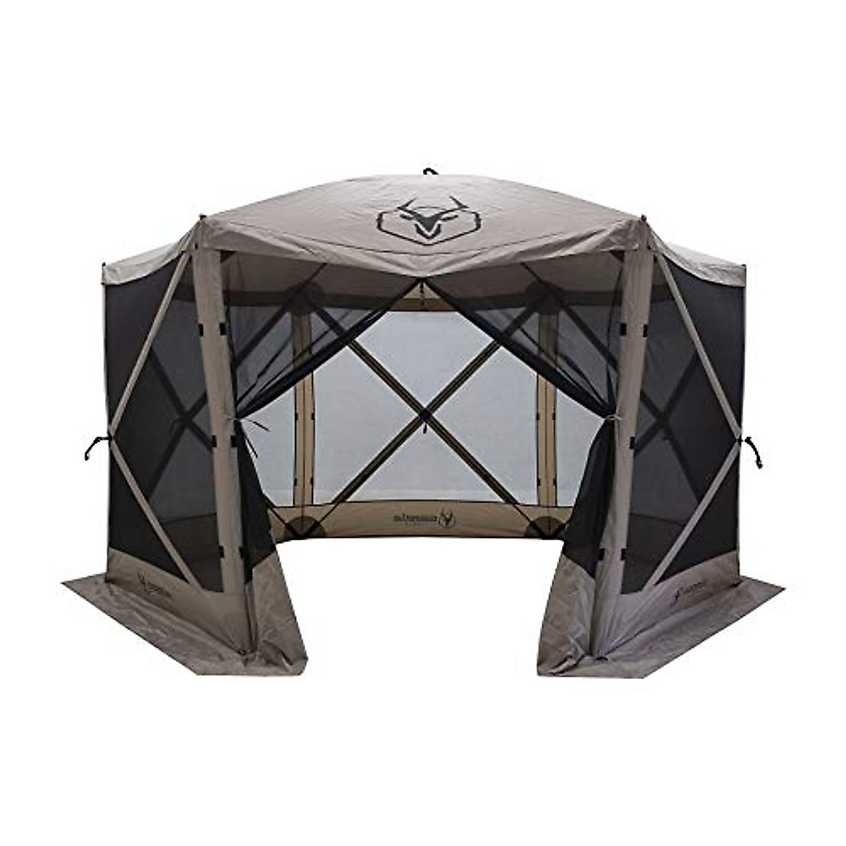 Gazelle G6 6-Sided 12 Foot x 12 Foot Pop Up Portable 8 Person Camping Gazebo Day Tent with Hub Design and Mesh Screen Windows, Desert Sand