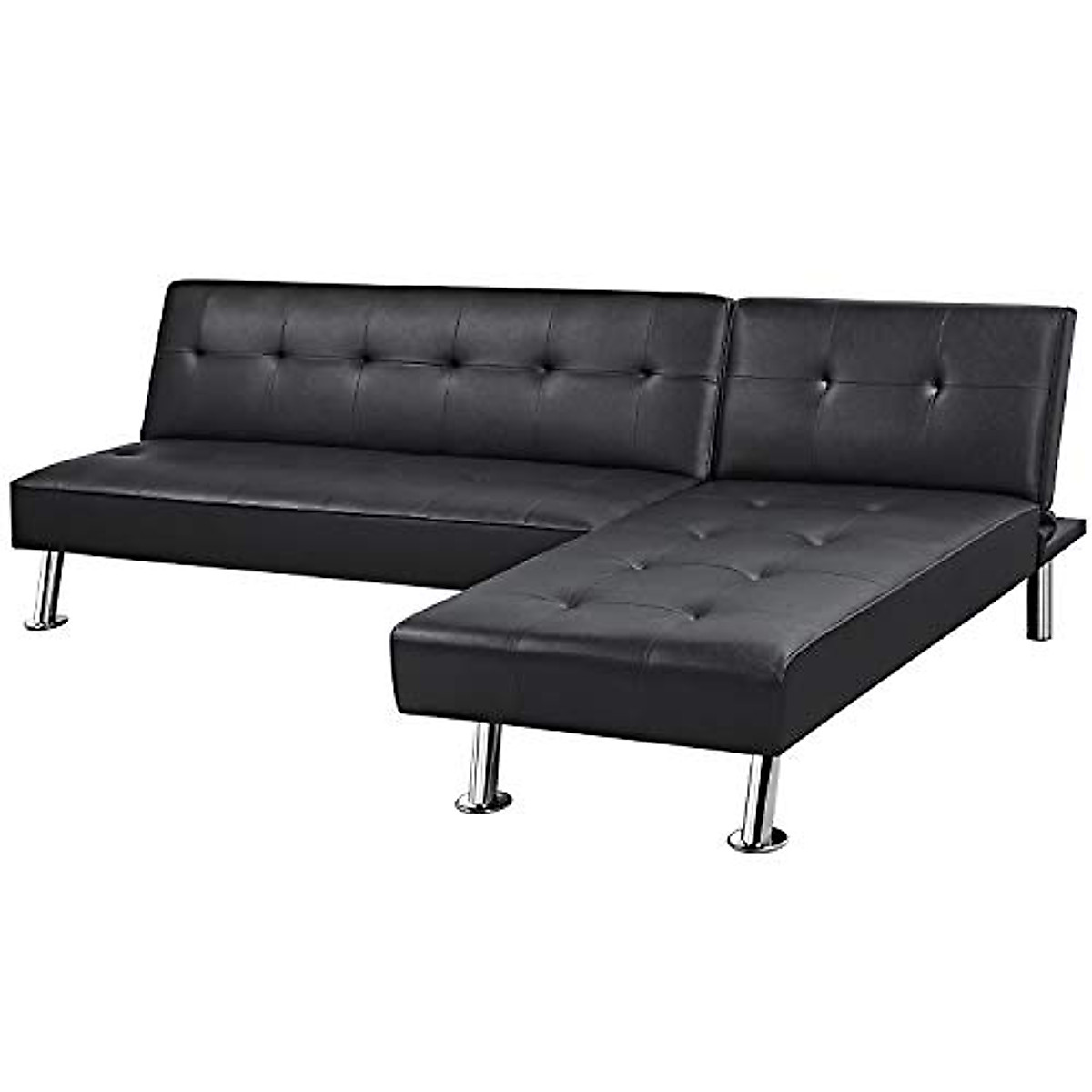 Topeakmart Sectional Sofa Couch Bed Convertible L-Shaped Faux Leather Couch Foldable Futon Sofa Sleeper with Reversible Chaise Lounge for Living Room Black