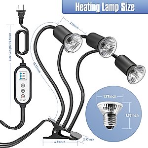 TFNN Reptile Heat Lamp, Three Head Reptile Light with Cycle Timer,UVA UVB light, dimmable Basking lamp for Tortoise, Bearded Dragon, Lizard, Snake, E26/27 Base with 4 Bulbs (50W)-Black