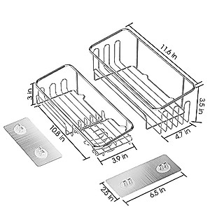 AriesBaby Shower Caddy Basket Shelf by 2Pack,SUS304 Stainless Steel for Bathroom Organizer with 11Hook and Soap Dish,Without Drilling, Shelf Adhesive be Fixable,Storage Organizer Dorm,Kitchen, Silver