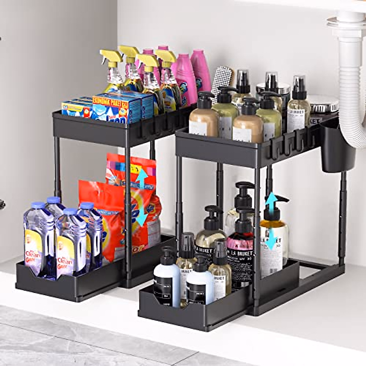 2 Pack Under Sink Organizers and Storage, 2 Tier Sliding Bathroom Organizer Under Sink, Adjustable Height Under Cabinet Organizer Basket with Hooks Hanging Cups, Shelf Organizer for Bathroom Kitchen