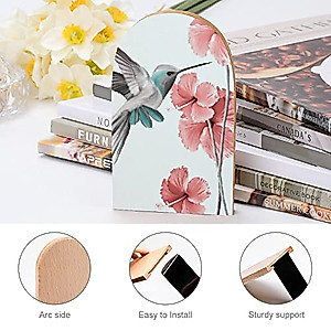 Wooden Book Ends 2 Pieces,Hummingbird with Hibiscus Decorative Bookshelf Sturdy Book Holders for Home Office School Book Organizers 5x3.1x3.9 inches