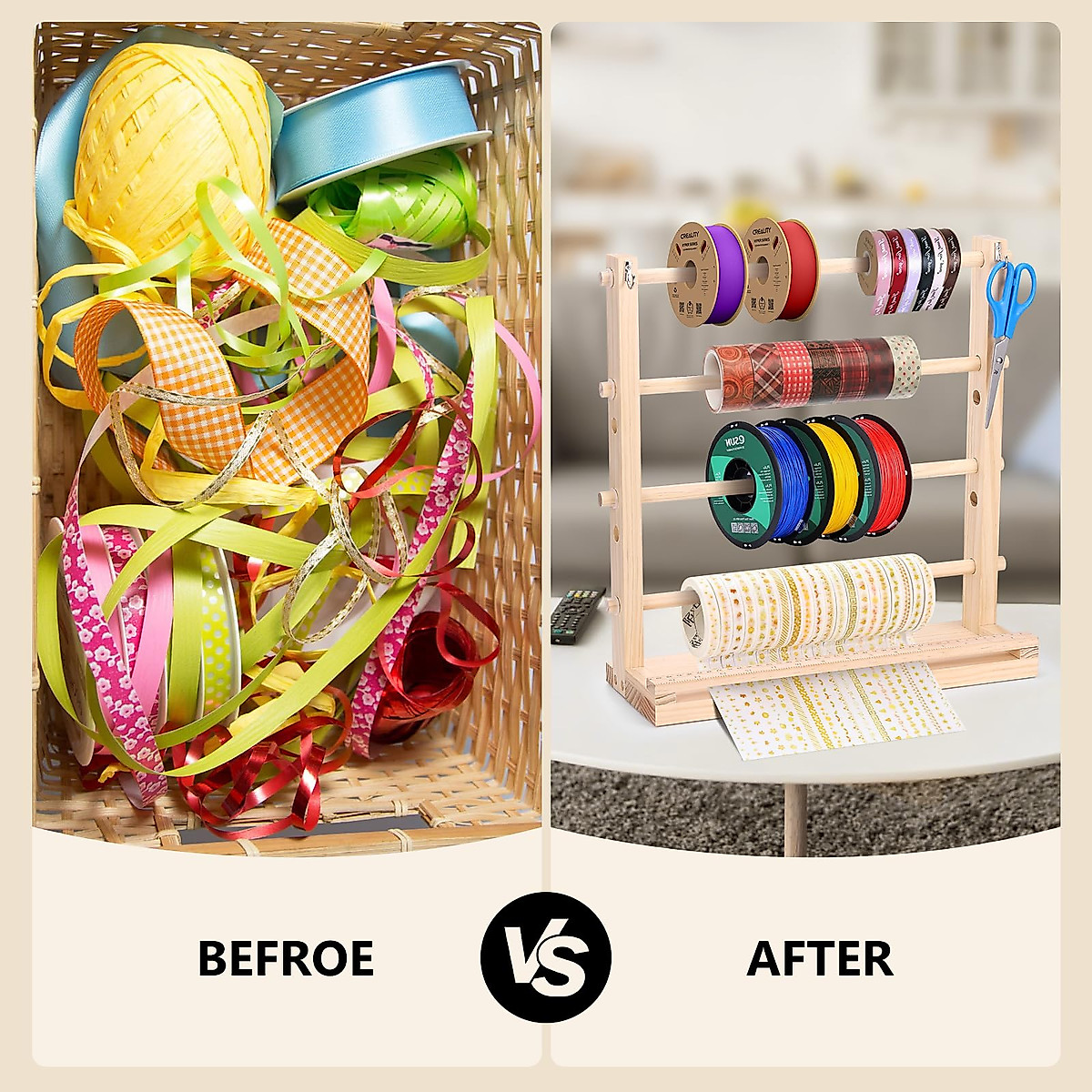 Ribbon Storage Organizer Rack 4 Tier Adjustable Wooden Ribbon Holder Spool Holder Organizer Rack Spool for Sewing Craft Mesh Thread Tape Wreath Crochet Roll Washi Tape Craft Gift Florist Wrapping