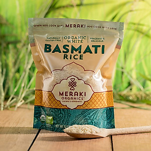 Meraki Organic White Basmati Rice 2 LB Bag - Pleasant Aroma, Thin, Extra Long Separated Fluffy Texture - Authentic Rice from Punjab, 100% USDA Certified Organic, Gluten-Free, Non-GMO, Vegan, Halal Kosher Low Sodium & Delicious No Artificial Flavors