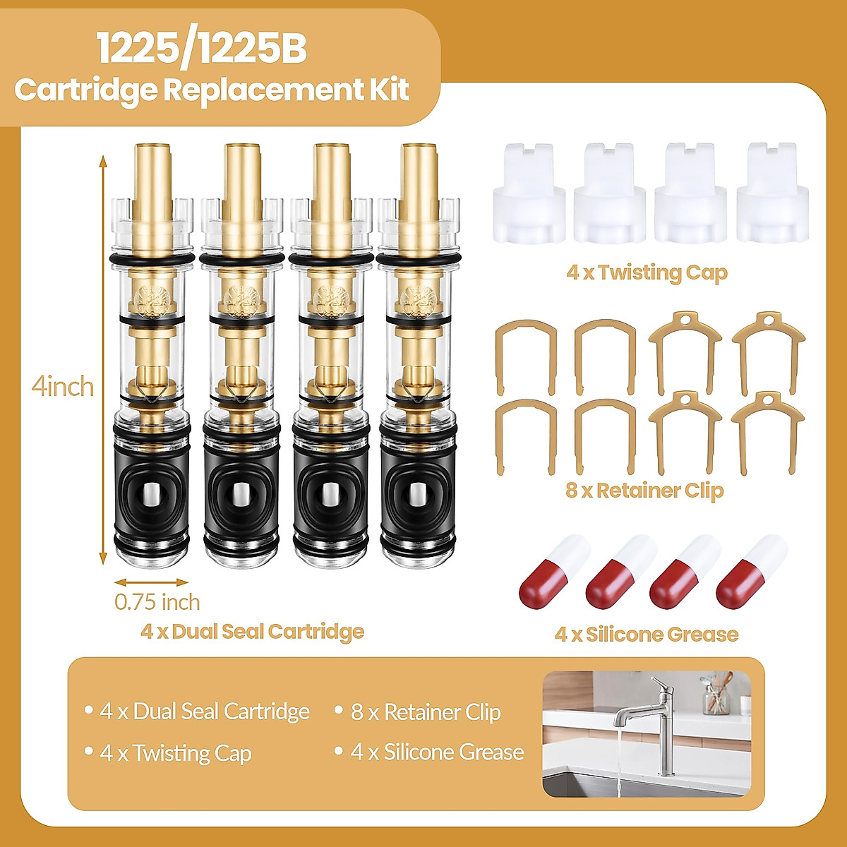 Fluronic 4 Pack 1225 Replacement Cartridge Compatible with Moen Single Handle Faucet/Showers, Dual Seal 1225/1225B Shower Cartridge Replacement Fits Bathroom Shower and Kitchen Sink Faucet Cartridge