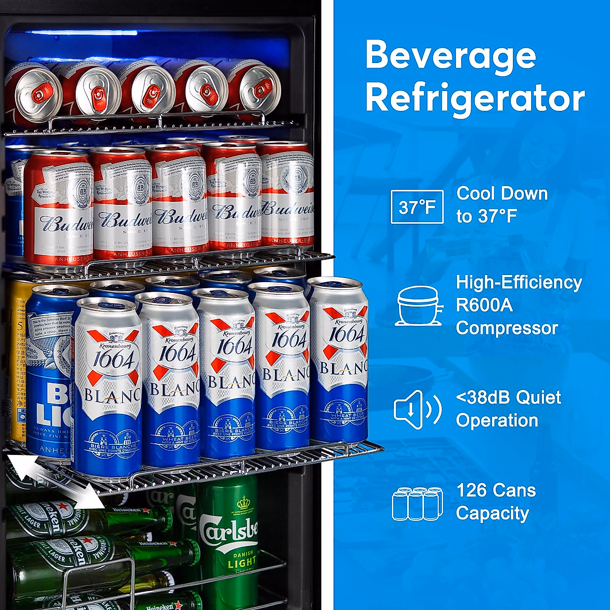 Beverage Refrigerator 17 inch Wide - 126 Can Beverage Cooler with Glass Door | Counter-Top/Freestanding Mini Beverage Beer Fridge | Temperature Memory | Invisible Door | Perfect for Soda, Beer