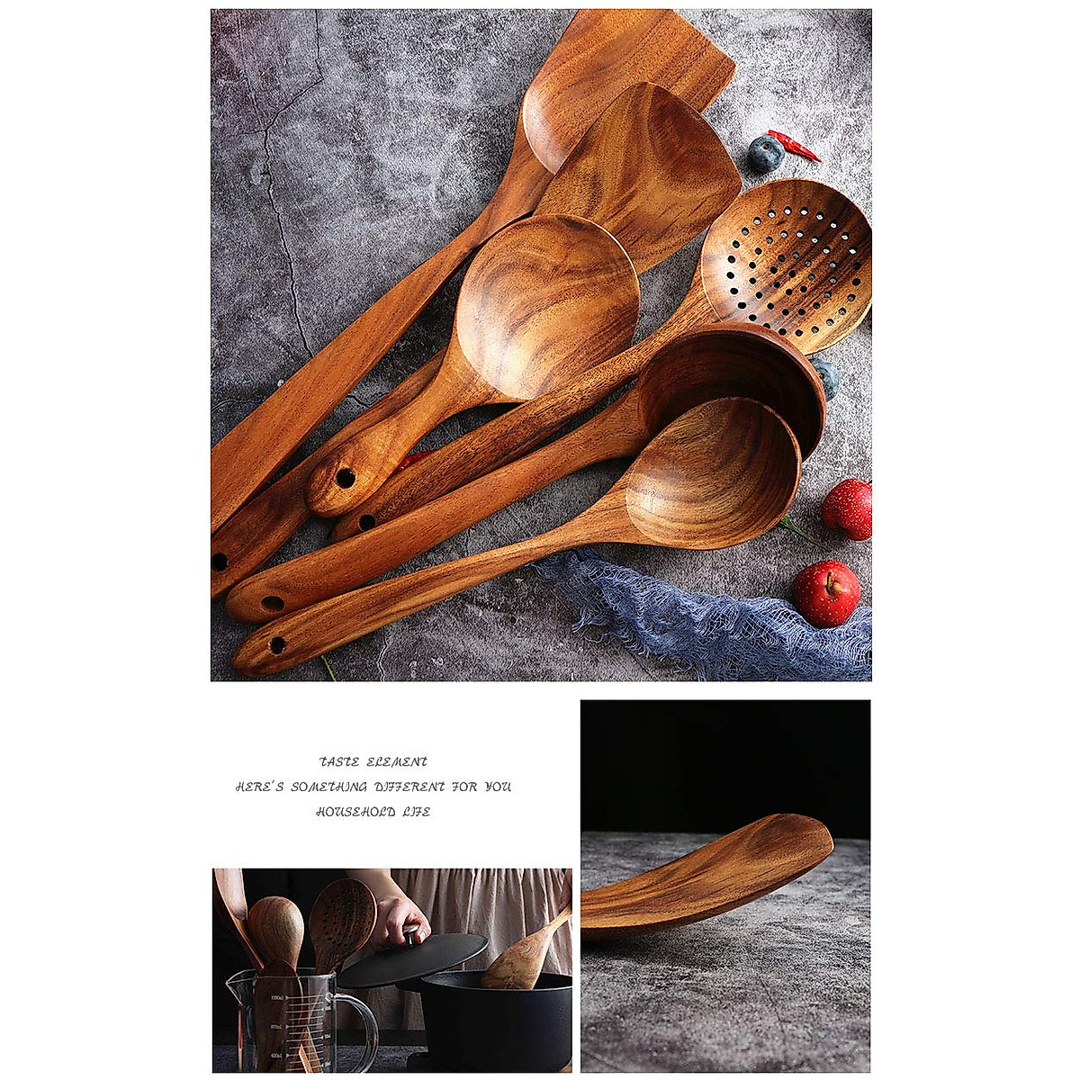 Wooden Utensils Set for Kitchen, Messon Handmade Natural Teak Cooking Spoons Wooden Spatula for Nonstick Cookware (7 sets)