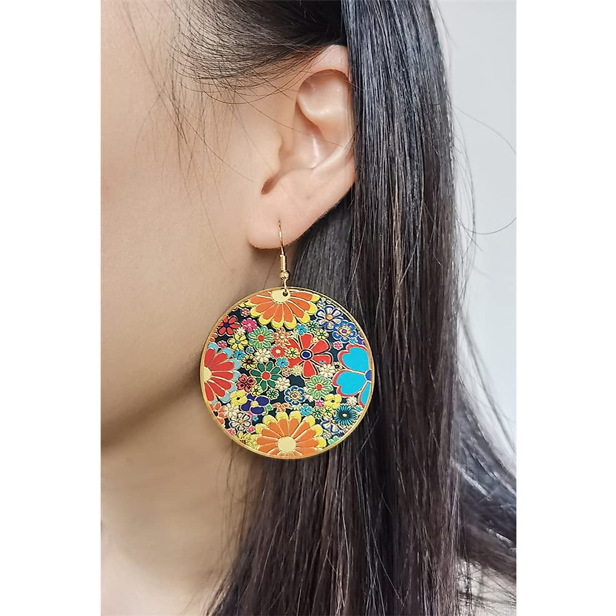 Gold Round Flower Disc Drop Dangle Earrings for Women Girls with Charms Boho Circle Ball Disk Blossom Spring Big Statement Dangling Hook Stud Earring Exaggerated Y2K Jewelry Gifts Christmas Festival Party