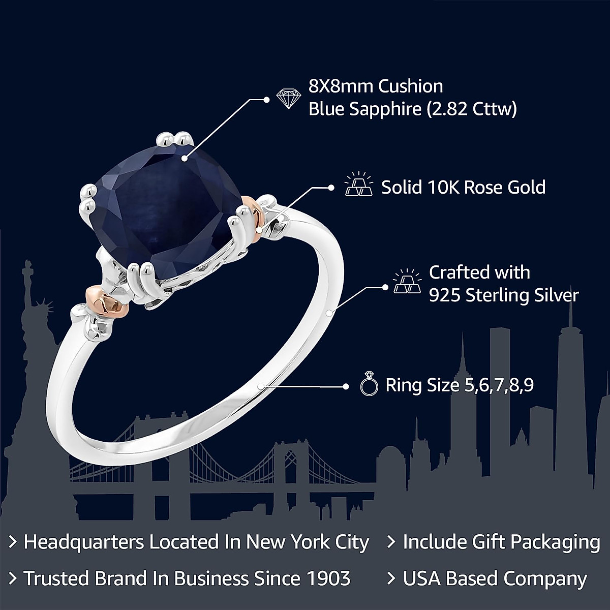 Gem Stone King 925 Sterling Silver & 10K Rose Gold 8MM Cushion Gemstone Birthstone Engagement Ring | Wedding Anniversary Promise Ring For Women | Size 5,6,7,8,9