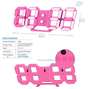 KOSUMOSU Pink LED Clock 3D Wall Clock 9.7" Table Clock for Living Room Modern Digital Clock for Bedroom Aesthetic Bedside Desk Clock with Remote/Dimming/12/24H/Temp/Alarm Clock/Date