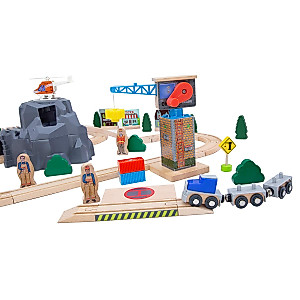 ORBRIUM Lift and Load Wooden Train Set with Magnetic Crane, Magnetic Helicopter, Large Diesel Engine, Semi-Truck, Shipping Container Flat Car Compatible with Thomas, Brio, Chuggington, Melissa & Doug