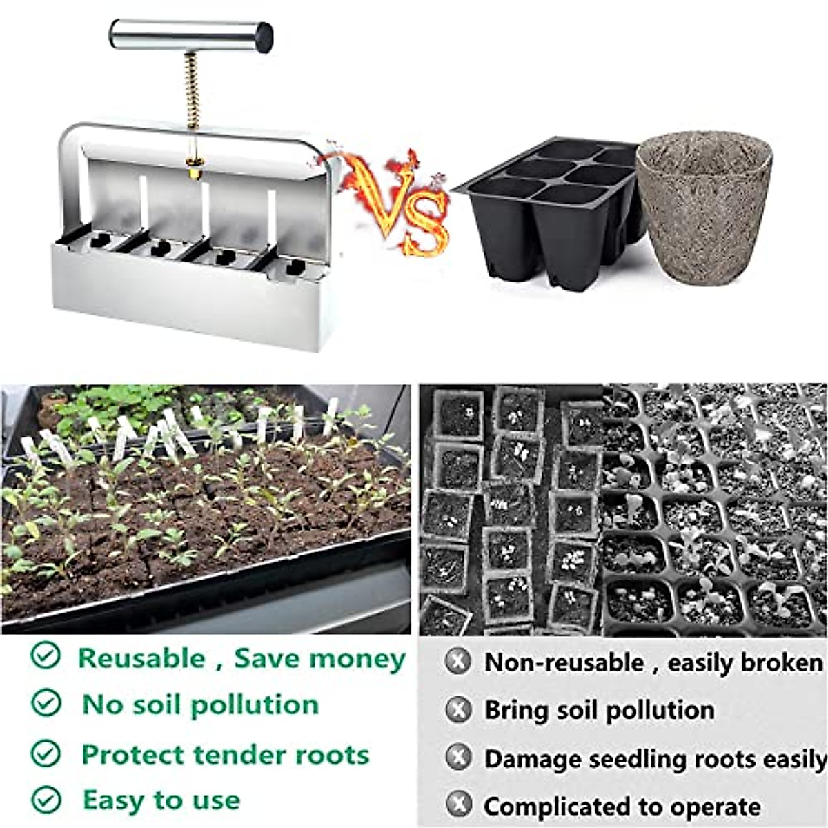 Upgraded Genuine Soil Block Maker, Handheld Seeding Soil Blocker, Soil Blocking Tool, Quad Soil Blocker – Come with 12Pcs of Seed Pins