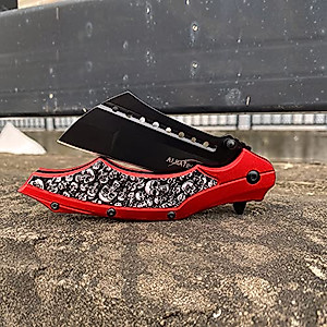 ALBATROSS Folding Pocket Knife, 3" Black Blade, 4.75" Aluminum Handle with the skull pattern, Liner Lock (Red)