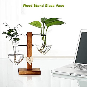Beatae Hydroponic Glass Planter, Heart Shaped Glass Vase with Retro Solid Wood Stand Glass Flower Pot for Home Garden Office Wedding Decoration