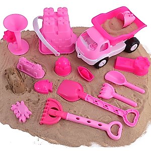 Liberty Imports 14 PCS Pink Sand Toys, Princess Castle Beach Play Set for Girls with Dump Truck, Sandwheel, Bucket, Play Tools and Sand Molds Imaginative Playset for Kids, Toddlers