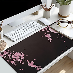 Sakura Cherry Blossom Extended Gaming Mouse Pad Non-Slip Rubber Base Pink Large Mousepad 31.5x11.8in with Stitched Edge Waterproof Flower Keyboard Pads Black Desk Laptop Mats for Work/Game/Office