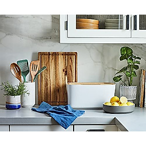 Sonder Los Angeles, Modern Bamboo Fiber (White) Bread Box for Kitchen Countertop with Reversible Wood Serving Lid, Homemade Bread Storage 14.25 x 9.25 x 7in, Storage Bin and Bread Container
