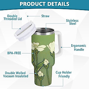 RPLIFE White Flowers Green 40 Oz Tumbler, Stainless Steel Cups with Lid, Tumblers for Women