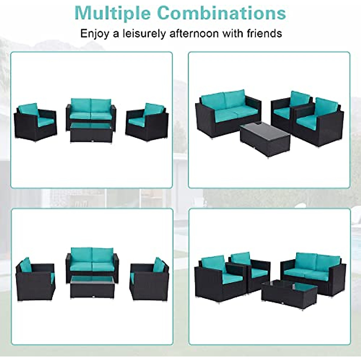 Zurssar 4 Piece Outdoor Patio Furniture Sets PE Rattan Wicker Sectional Sofa Couch Patio Conversation Set with Glass Coffee Table for Backyard Garden Poolside