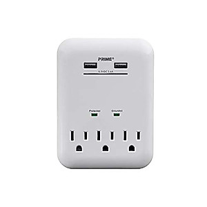 Monoprice 3 Outlet Power Surge Protector Wall Tap with 2 Built in 3.4A USB Charging Ports - White | ETL Rated 950 Joules with Grounded and Protected Light Indicator