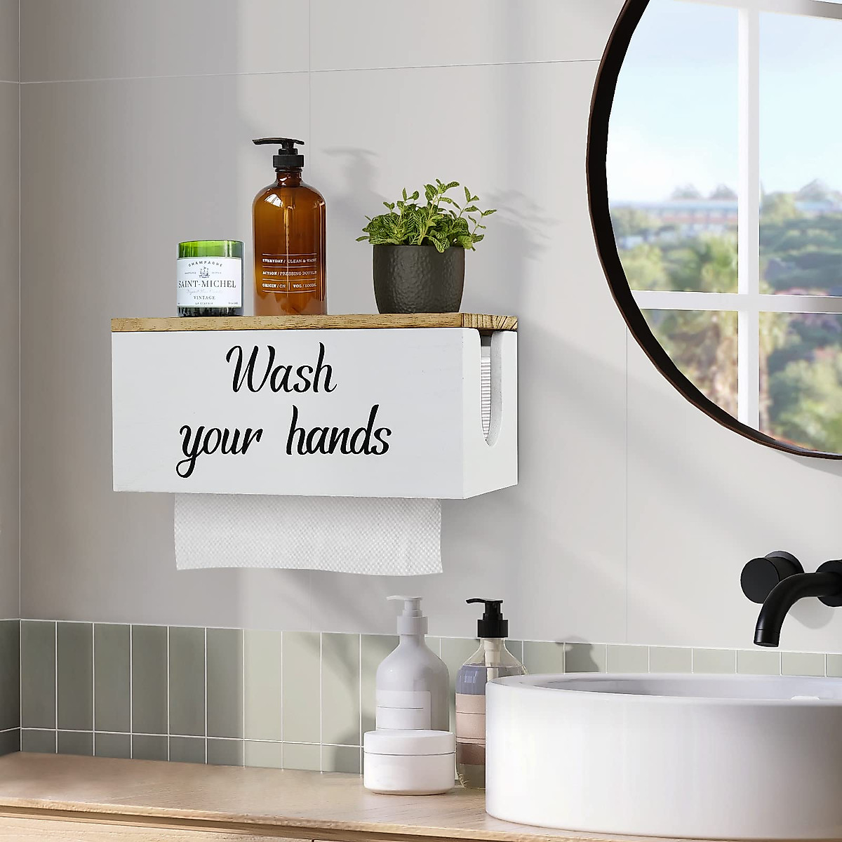 PICKKROSS Solid Wood Paper Towel Dispenser Wall Mount, Commercial Paper Towel Holder with Lid Countertop, C-Fold, Z-Fold, Trifold Paper Towel Dispenser Hand Towel Holder for Bathroom and Kitchen