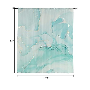 Chiffon Sheer Curtains & Drapes 63 Inch Long, Lightweight Breathable Voile Window Curtain Panels Turquoise Green Marble with Gold Glitter Splatter Curtains Backdrop Drapes for Livingroom Wedding