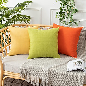 UGASA Outdoor Throw Pillow Covers Pack of 2 Plaid Texture Waterproof Farmhouse Linen Decorative Square Cushion Pillows Covers for Patio Porch Outside Yard Garden Bench 18x18 Inch, Green