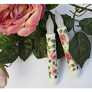 Romantic Decorative Battery Operated 6 Inch Short Flameless Taper Candles with Hand Painted Pink Roses Spring Decor