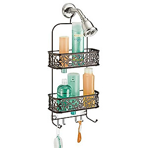iDesign Vine Metal Wire Hanging Shower Caddy, Extra Wide Space for Shampoo, Conditioner, and Soap with Hooks for Razors, Towels, and More, 10.5" x 4.5" x 25"