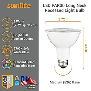 Sunlite LED PAR30 Long Neck Recessed Light Bulb, 9 Watt, (75W EQ), 850 Lm, Medium E26 Base, Dimmable, ETL Listed, 35 Degrees Beam Angle, Energy Star Certified, 2700K Soft White, 6 Pack